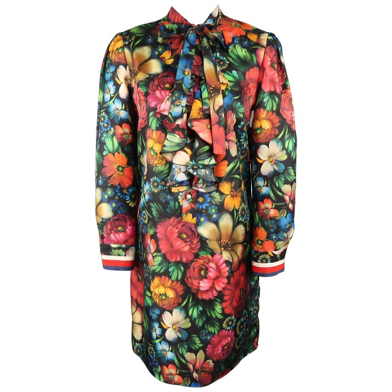 Gucci Dress - Painted Floral Print Silk Ruffled Bow Collar A Line Dress ...