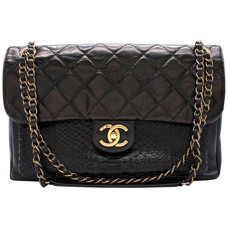 Chanel Black Classic Flap Bag with Snakeskin Exterior Pocket For Sale ...