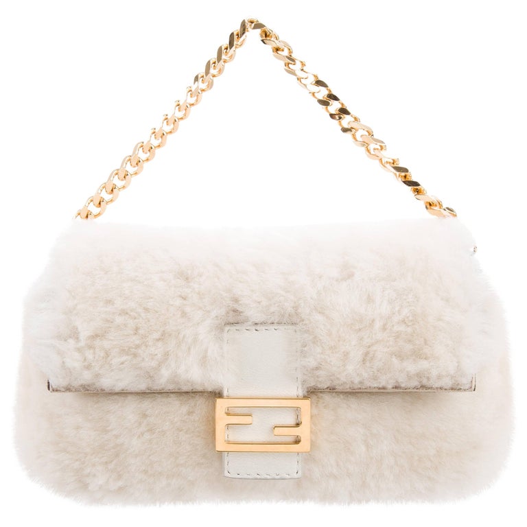 Fendi NEW Winter White Fur Gold 2 in 1 Clutch Evening Handle Chain Flap ...