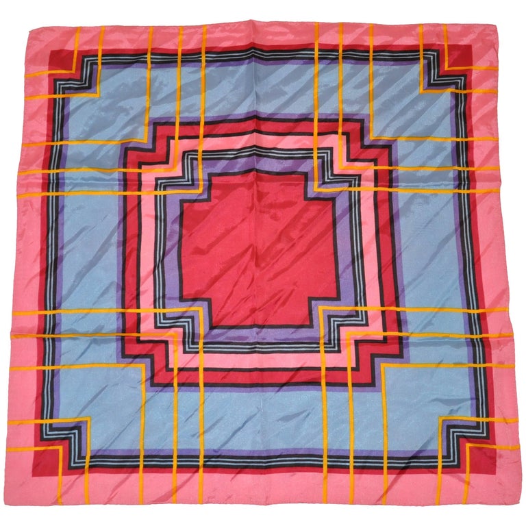 Bold Multi-Color Abstract with Wide Pink Border Scarf For Sale at 1stDibs