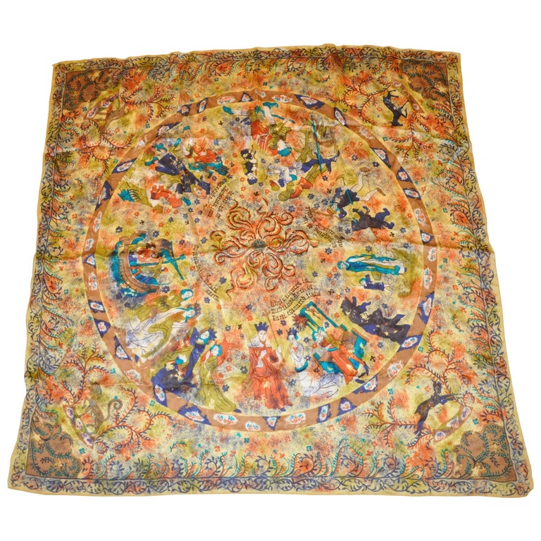 Multi-Color Large Silk "Medieval Characters" Scarf For Sale at 1stDibs