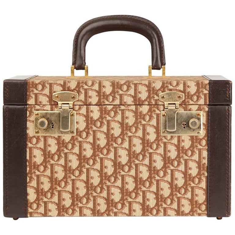 1980s Christian Dior Brown Calfskin Leather Canvas Vintage Vanity Case ...