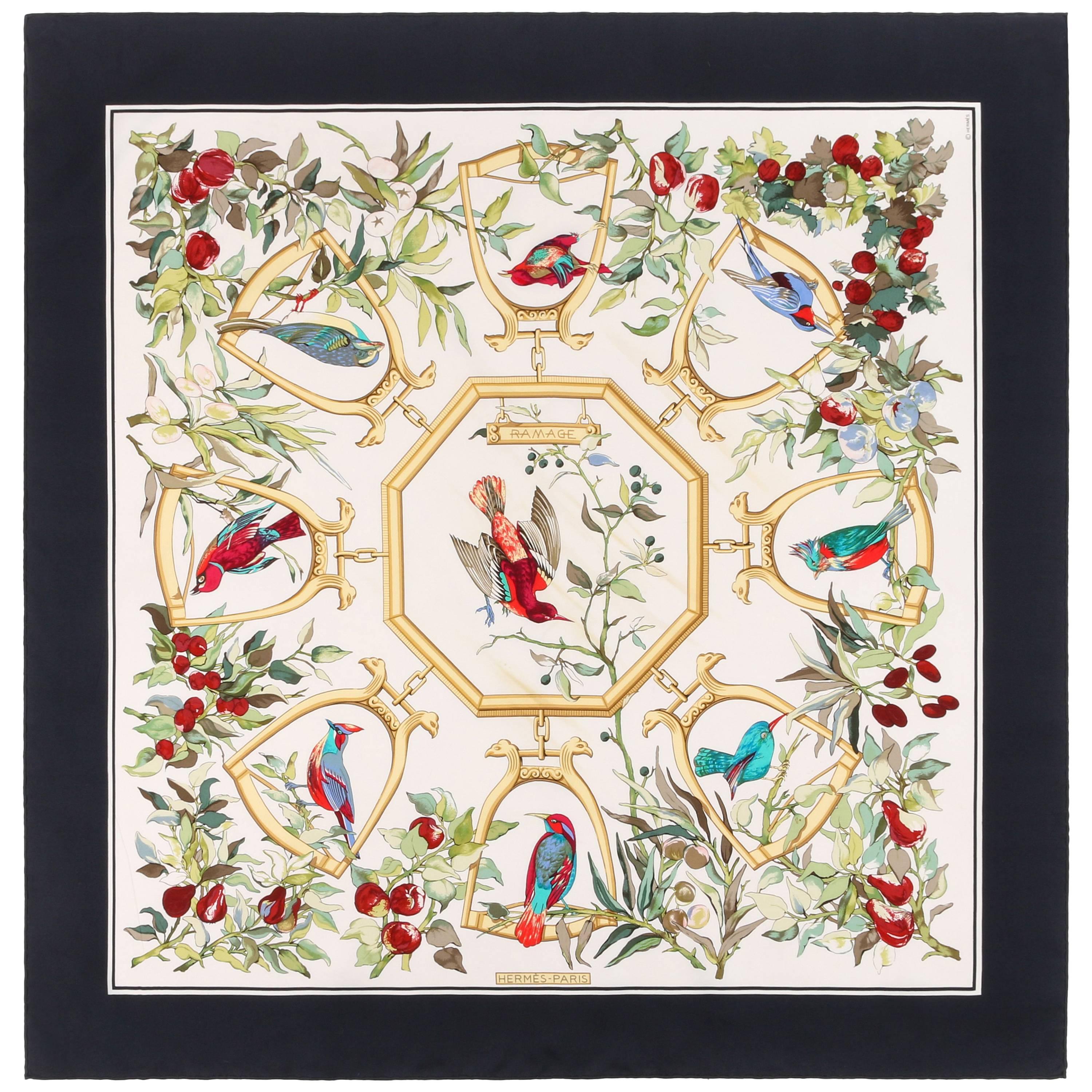 HERMES c.1970 Lenke Szenchenzl "Ramage" Black Botanical Bird Print Silk ...