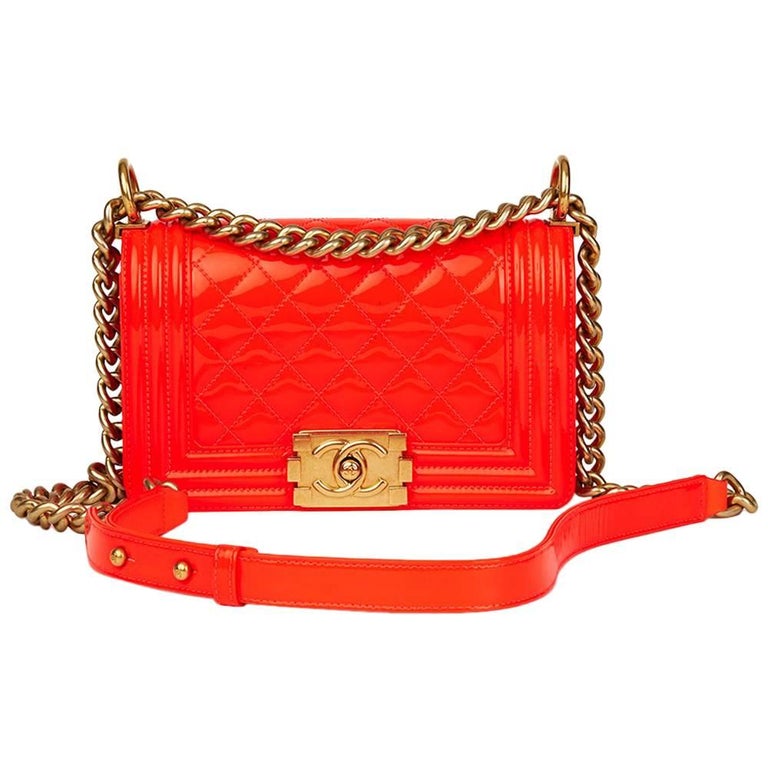 2015 Chanel Neon Red Quilted Patent Leather Small Le Boy at 1stDibs