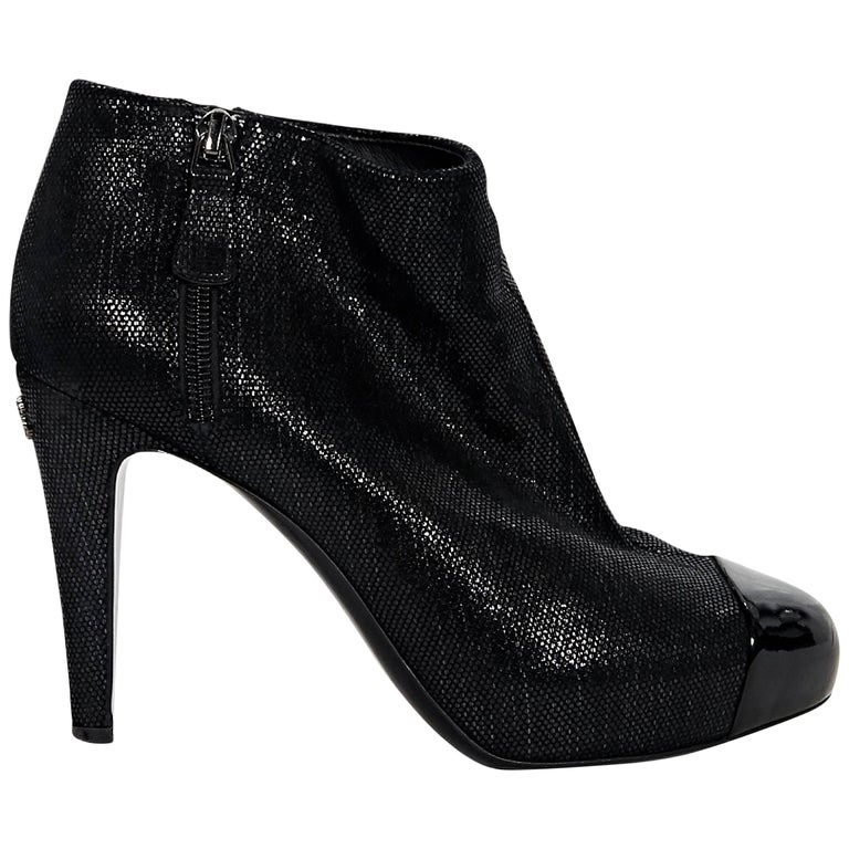 Black Chanel Embossed Cap-Toe Ankle Boots For Sale at 1stDibs