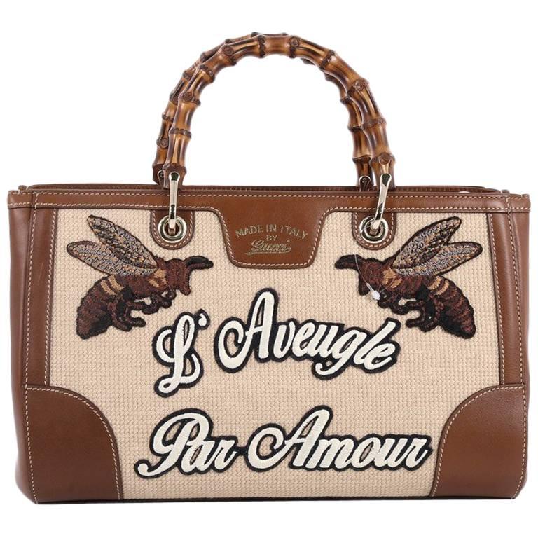 Gucci Bamboo Web Shopper Tote Embroidered Cross Stitch Canvas Medium at ...