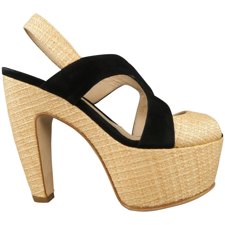 FENDI Size 5.5 Beige Raffia and Back Suede Slingback Platform Sandals ...