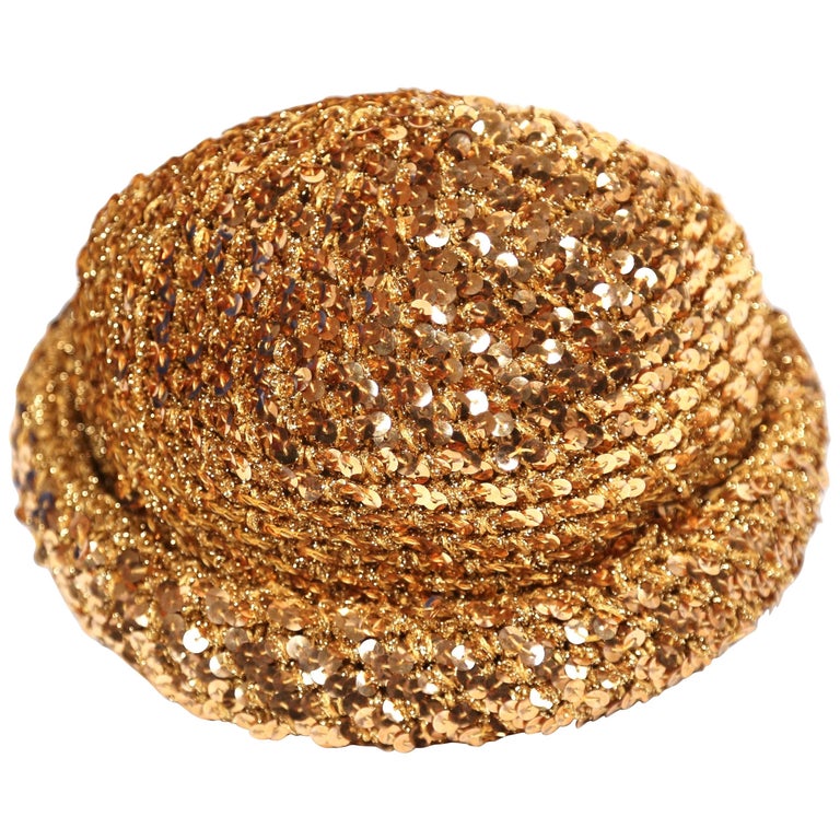 1970's HALSTON Gold Sequined Skull Cap Hat at 1stDibs