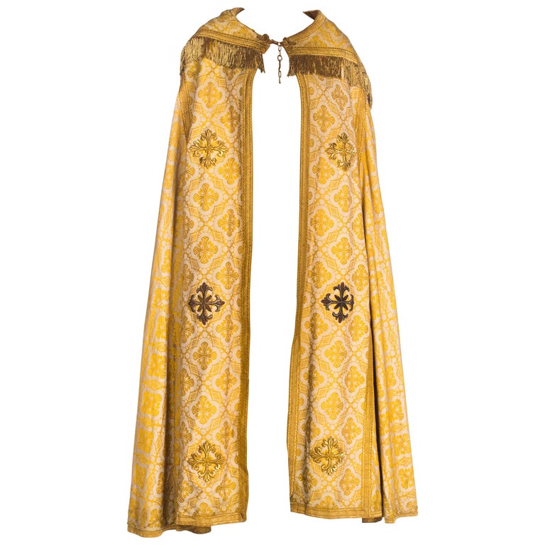 Antique Vetments Brocade Floor Length Gold Cape With Fringe and Crosses ...