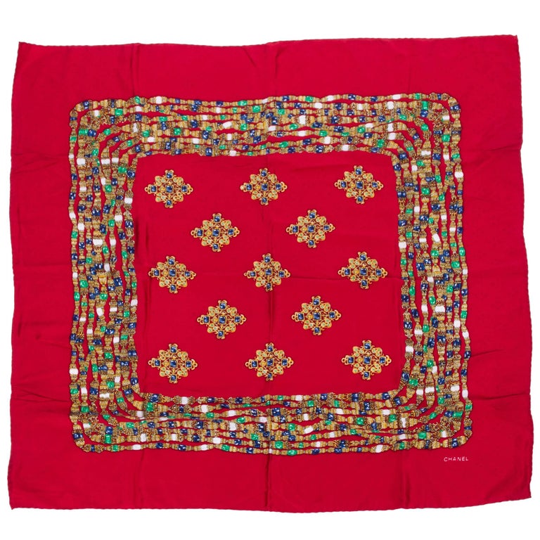 Chanel Red Jewel Silk Print Scarf at 1stDibs | chanel red scarf