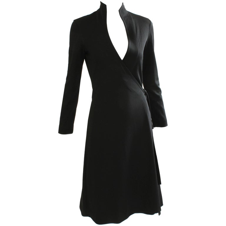 70s Clovis Ruffin Black Jersey Wrap Dress with Swan Neck Collar Vintage ...