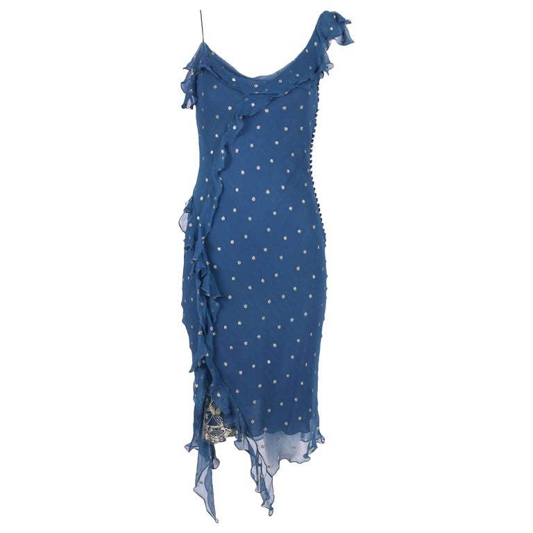 Christian Dior By John Galliano Blue Chiffon Gold Dots Bias Cut