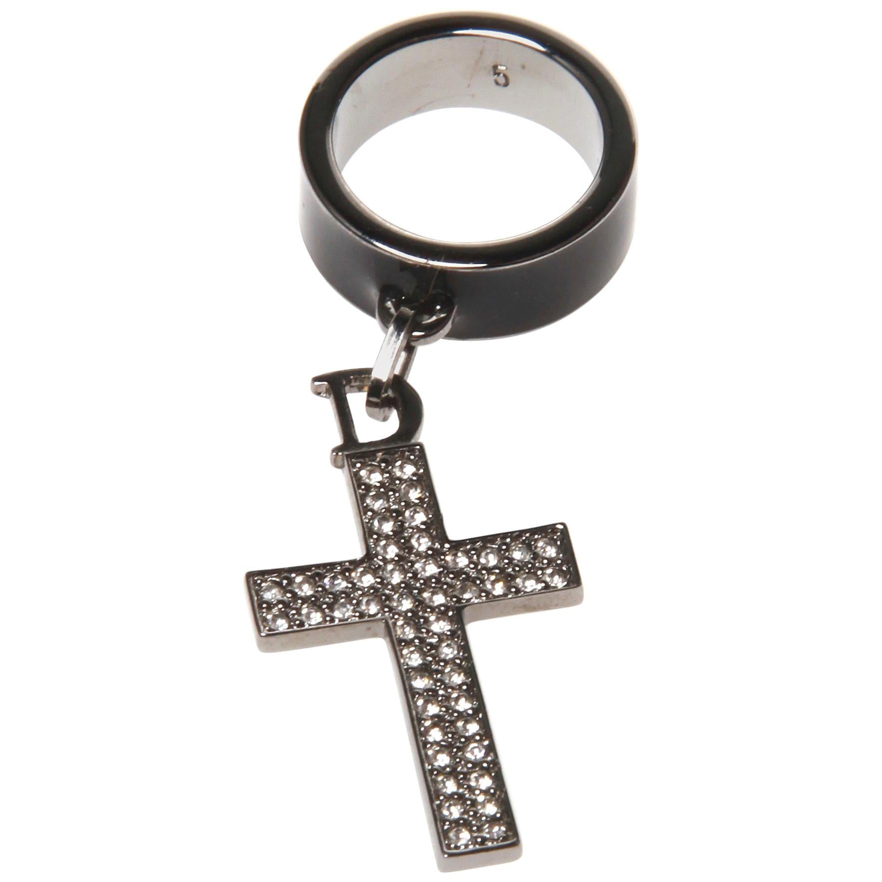 Christian Dior Gun Metal Crucifix Charm Ring at 1stDibs
