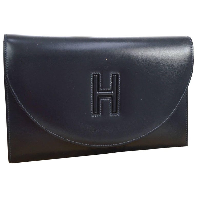HERMES Dark Blue Leather H Logo Envelope Carryall Evening Clutch Flap ...