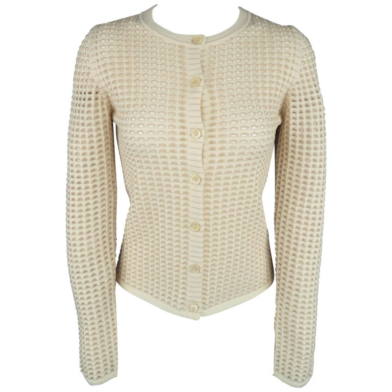CHLOE Size L Cream Stretch Wool Mesh Knit Crewneck Cardigan For Sale at ...