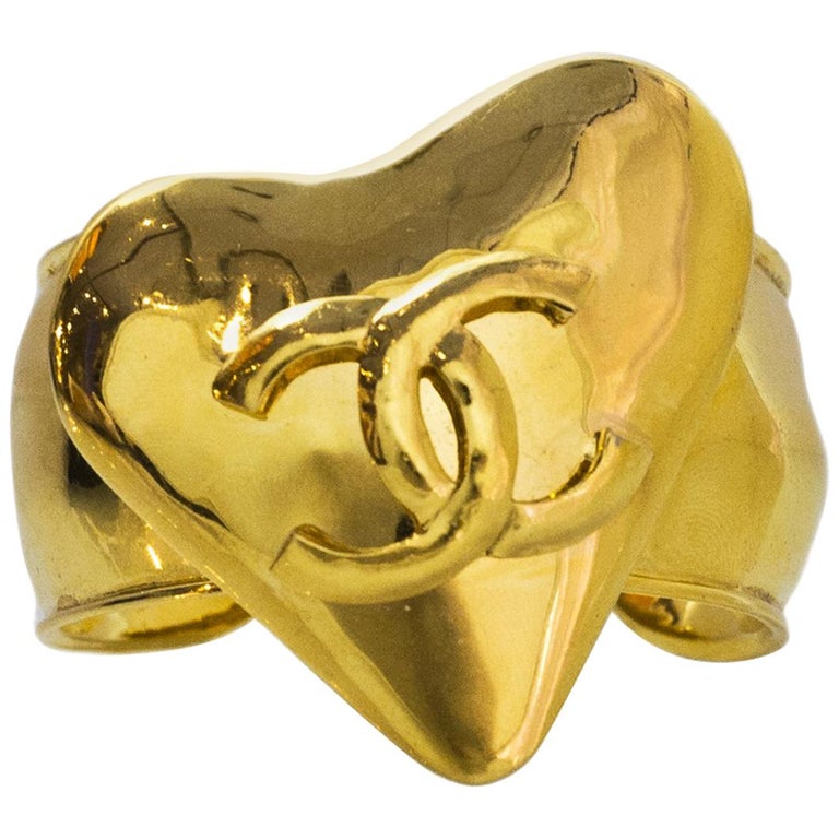 Chanel Vintage Goldtone CC Heart Cuff Bracelet For Sale at 1stDibs