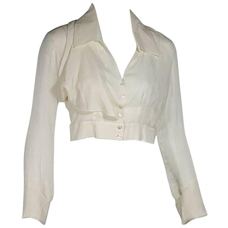 Ivory Chanel Silk Cropped Blouse at 1stDibs | chanel cropped blouse
