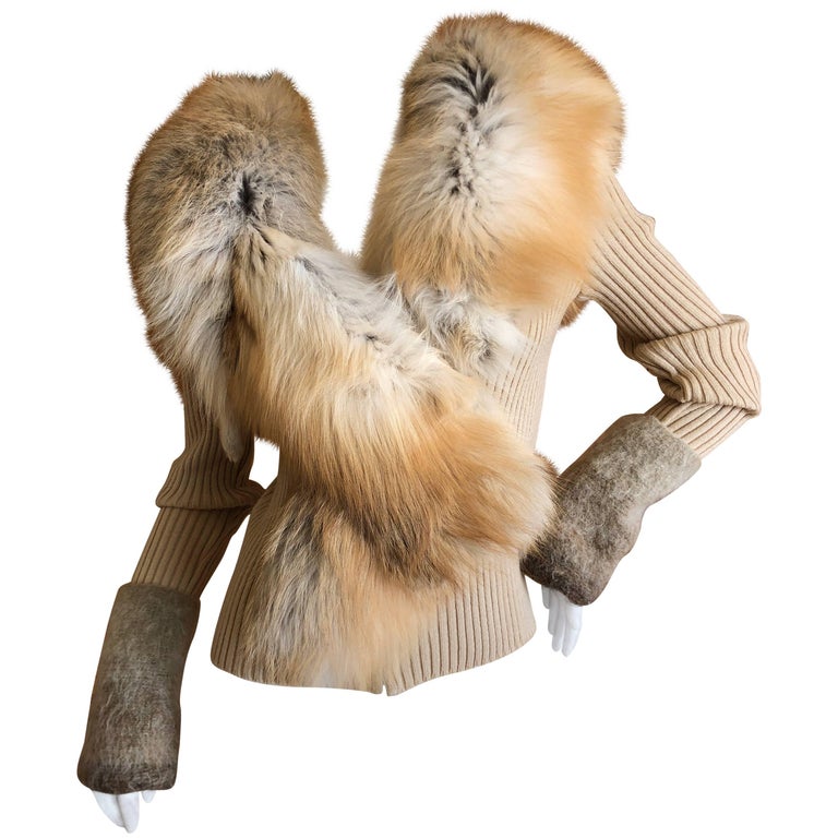 Roberto Cavalli Vintage Ribbed Knit Cardigan Sweater w Detachable Fox ...
