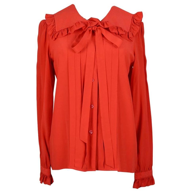 Yves Saint Laurent YSL Orange-Red Silk Ruffle Blouse With Sash/Belt ...