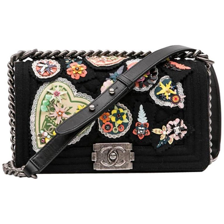 Chanel "Boy" Bag in Black Boiled Wool with Embroidered Patches at ...