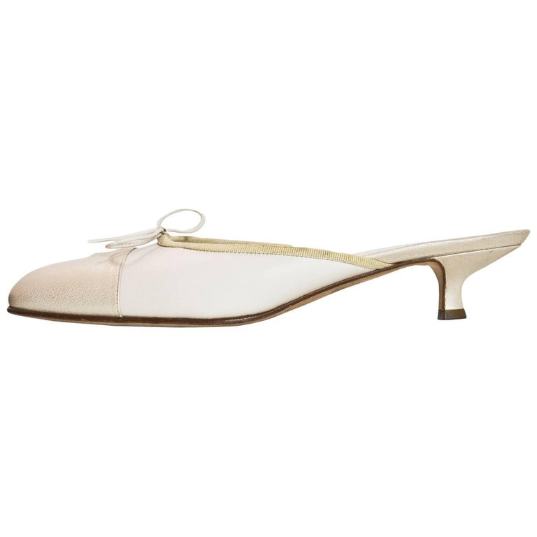 Chanel Cream and Light Metallic Leather Cap-Toe Mules Sz 41 with DB For ...