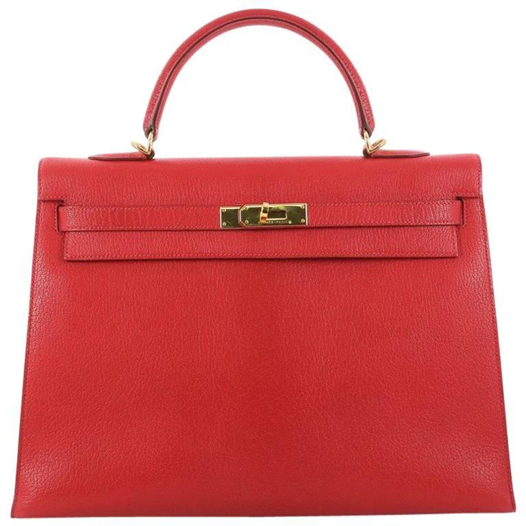 Hermes Kelly Handbag Rouge Vif Chevre de Coromandel with Gold Hardware ...