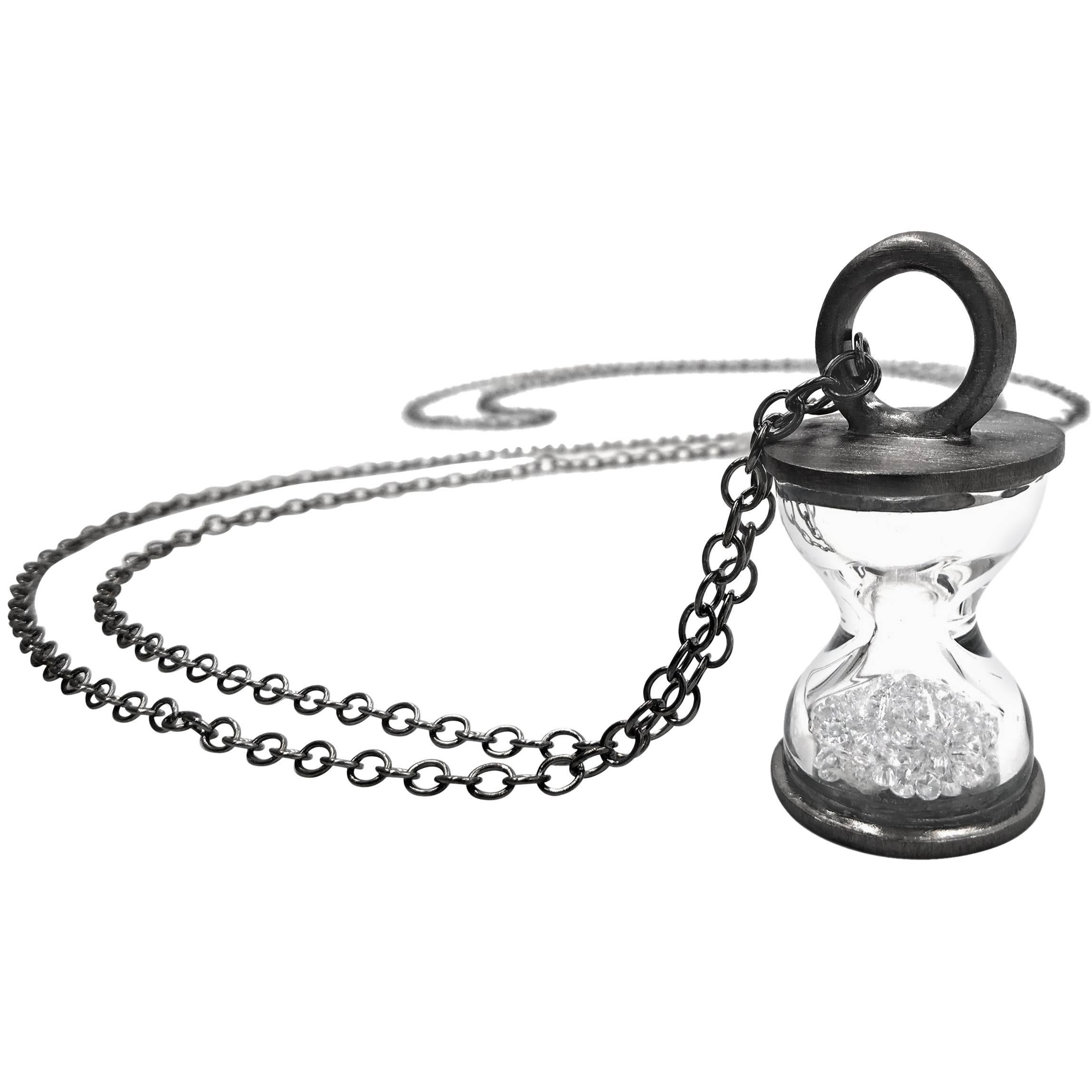 Black Silver Floating Crystals Hand-Blown Hourglass Long Necklace at ...