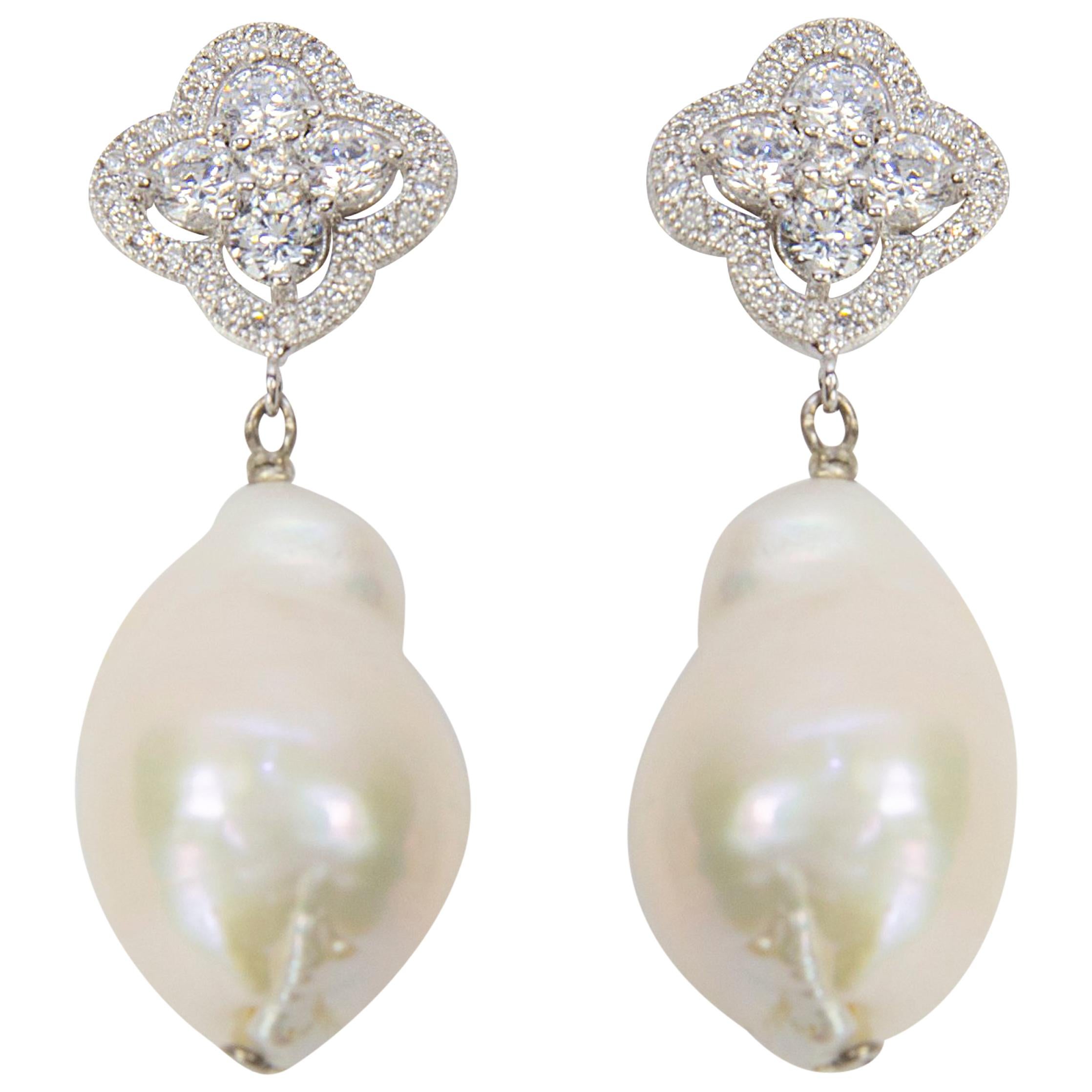 Pearl and Faux Diamond Drop Sterling Silver Statement Earrings at 1stDibs