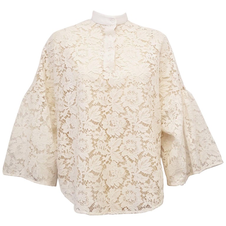Valentino Ivory Mandarin Collar Lace Top with Wide Bell Sleeves For ...