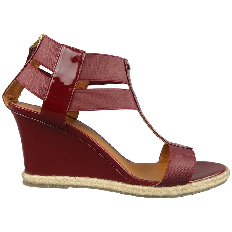 FENDI Size 8 Burgundy Patent Leather T Strap Espadrille Wedge Sandals ...