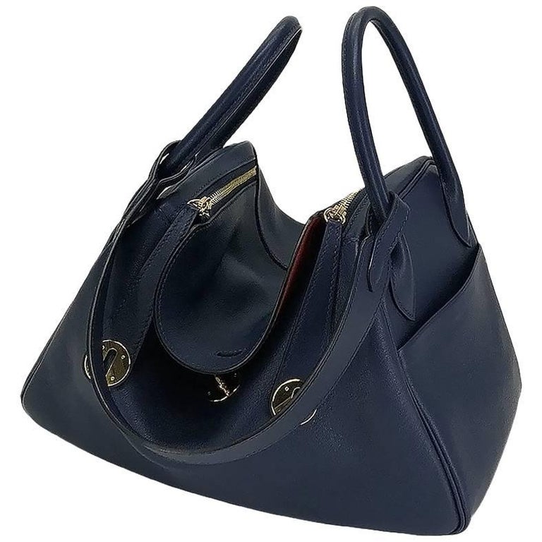 Hermes Handbag Lindy 30 Blue Nuit with Rouge Tomate Interior Gold ...