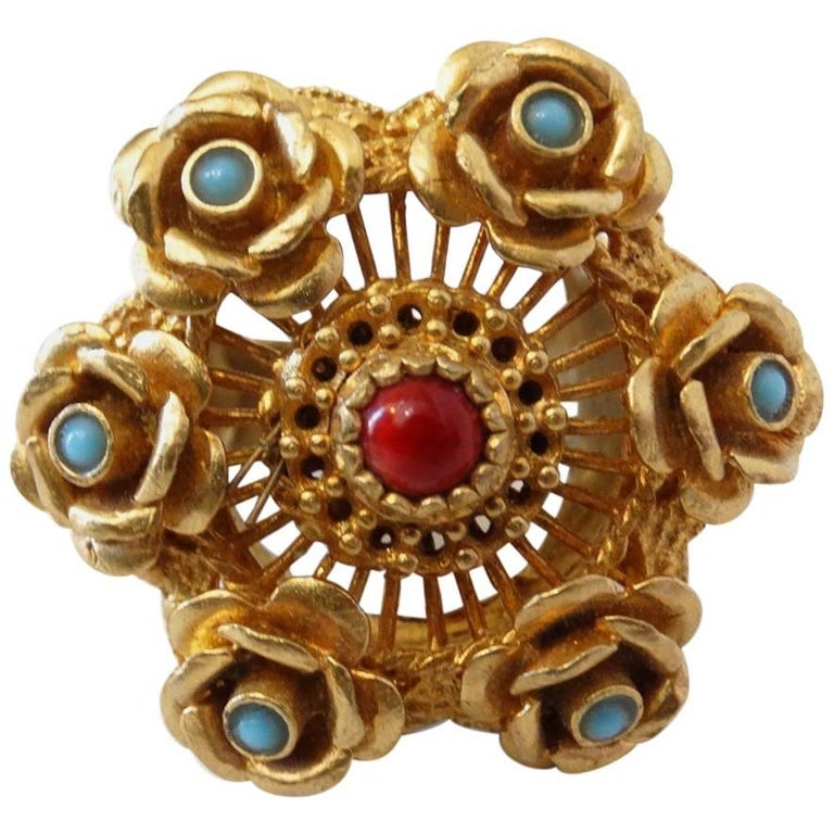 Turkish Vermeil Coral and Turquoise Cocktail Ring at 1stDibs
