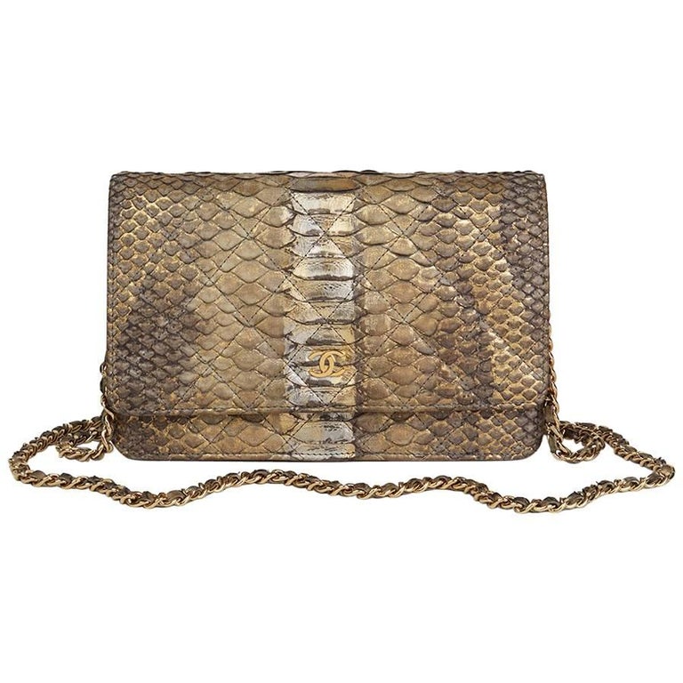 2013 Chanel Grey and Gold Metallic Python Leather Wallet-On-Chain WOC ...