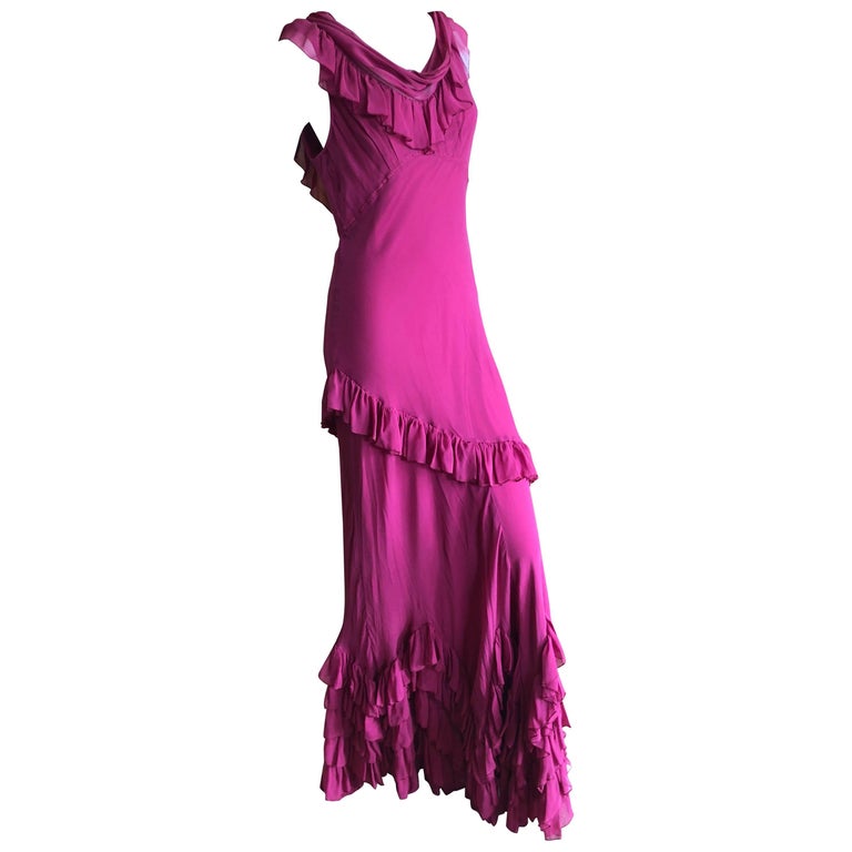 John Galliano Raspberry Sheer Vintage Silk Ruffled Evening Dress with ...