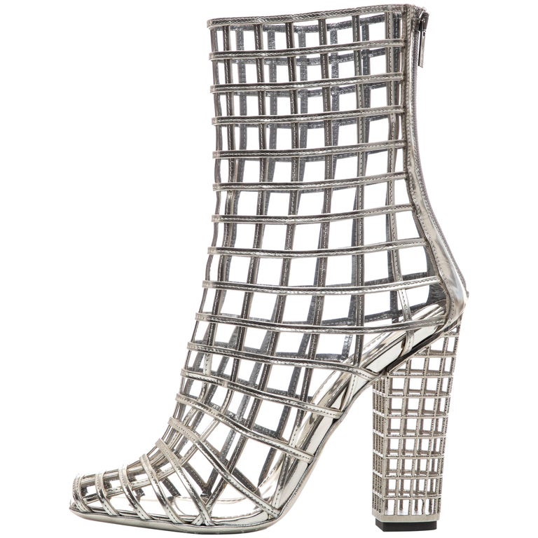 Yves Saint Laurent Silver Metallic Leather Caged Ankle Boots, Spring ...