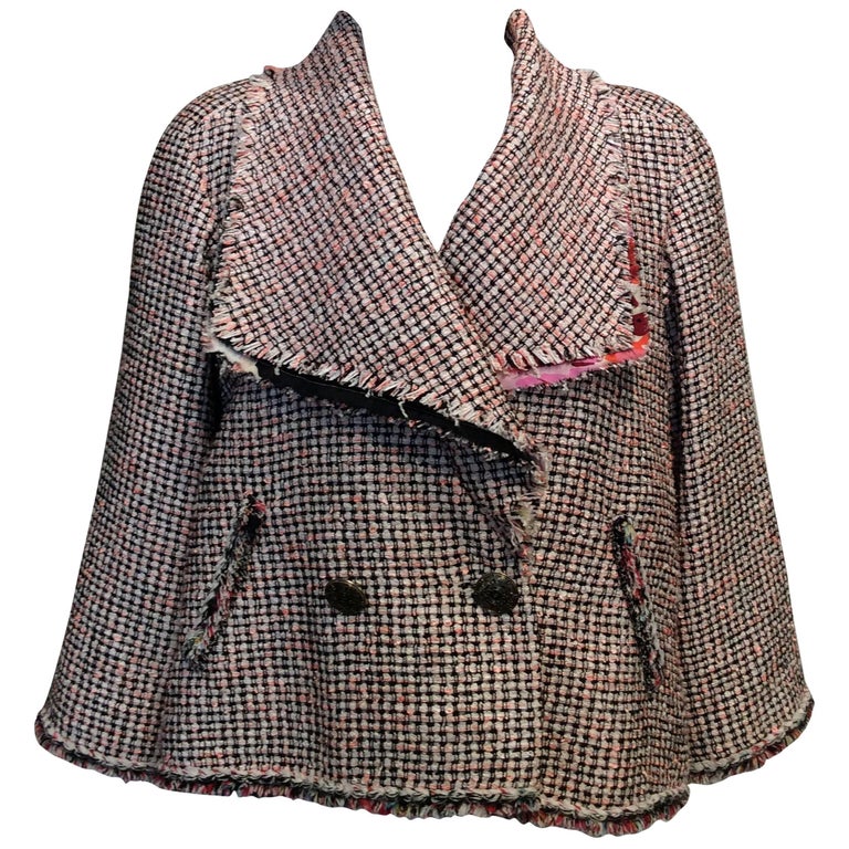 Chanel Pink, White, Black Tweed Fringe A-Line Jacket w/ Gold Buttons ...