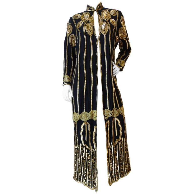 Black and Gold Embellished Duster Jacket, 1980s at 1stDibs