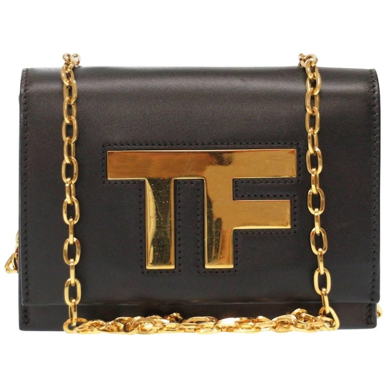 Tom Ford Black Leather "TF" Gold Logo Chain WOC Shoulder Crossbody Flap ...