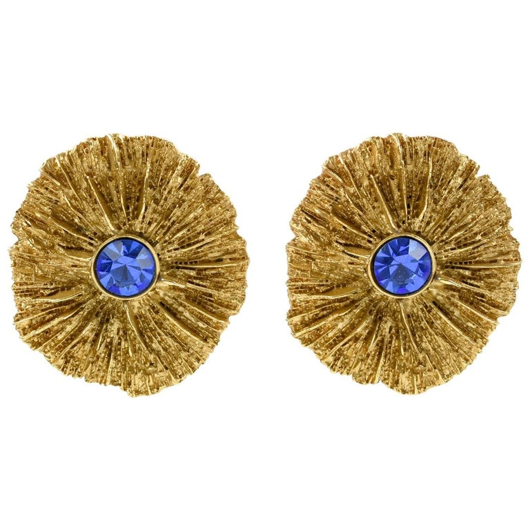 Yves Saint Laurent YSL Textured Gilt Metal Blue Rhinestone Clip on ...