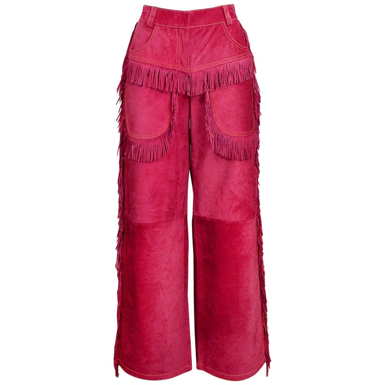 Iconic Versace 1992 Magenta Suede Fringe Pants at 1stDibs