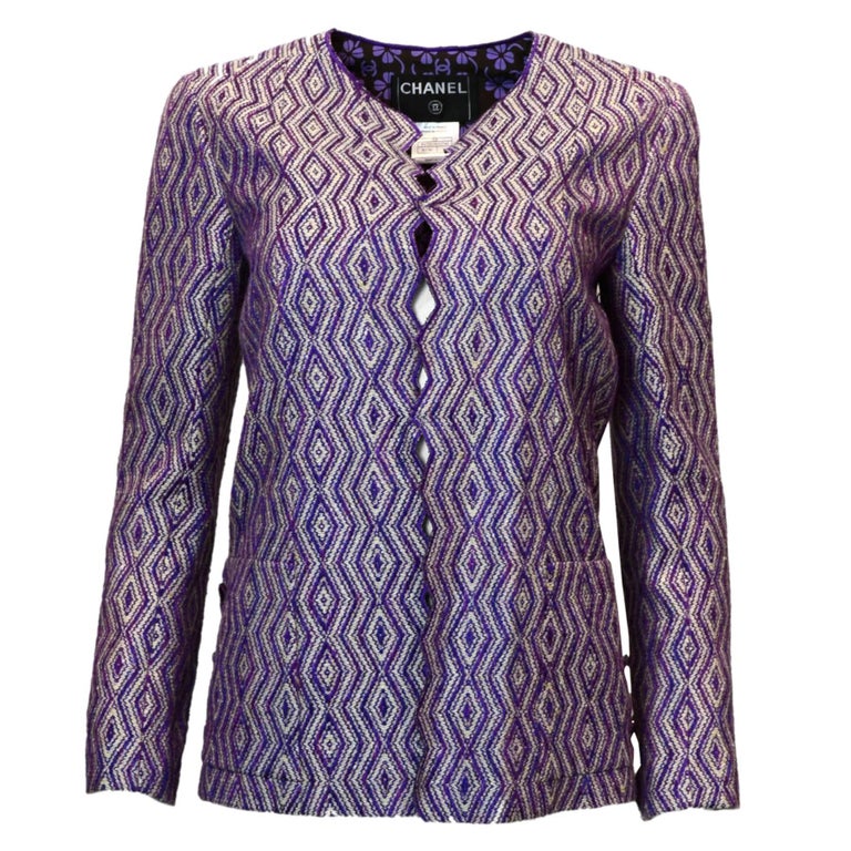 Chanel Purple and Ivory Woven Diamond Jacket Sz FR34 For Sale at 1stDibs