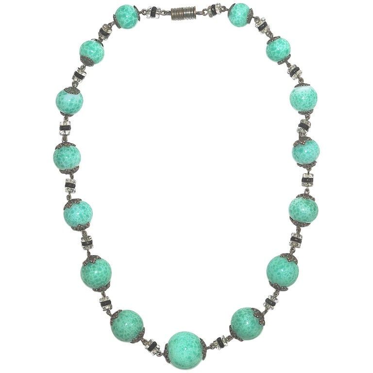 Art Deco Mottled Green Glass Bead Necklace with Clear and Black Crystal ...