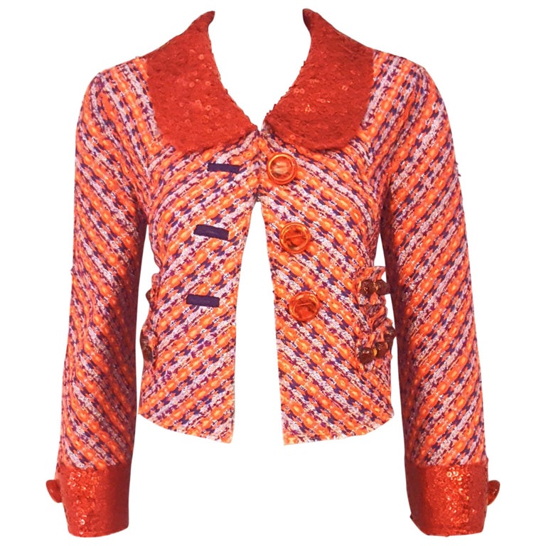 Marc Jacobs Orange Multi Tweed Jacket Sequined and Beaded Embellished ...