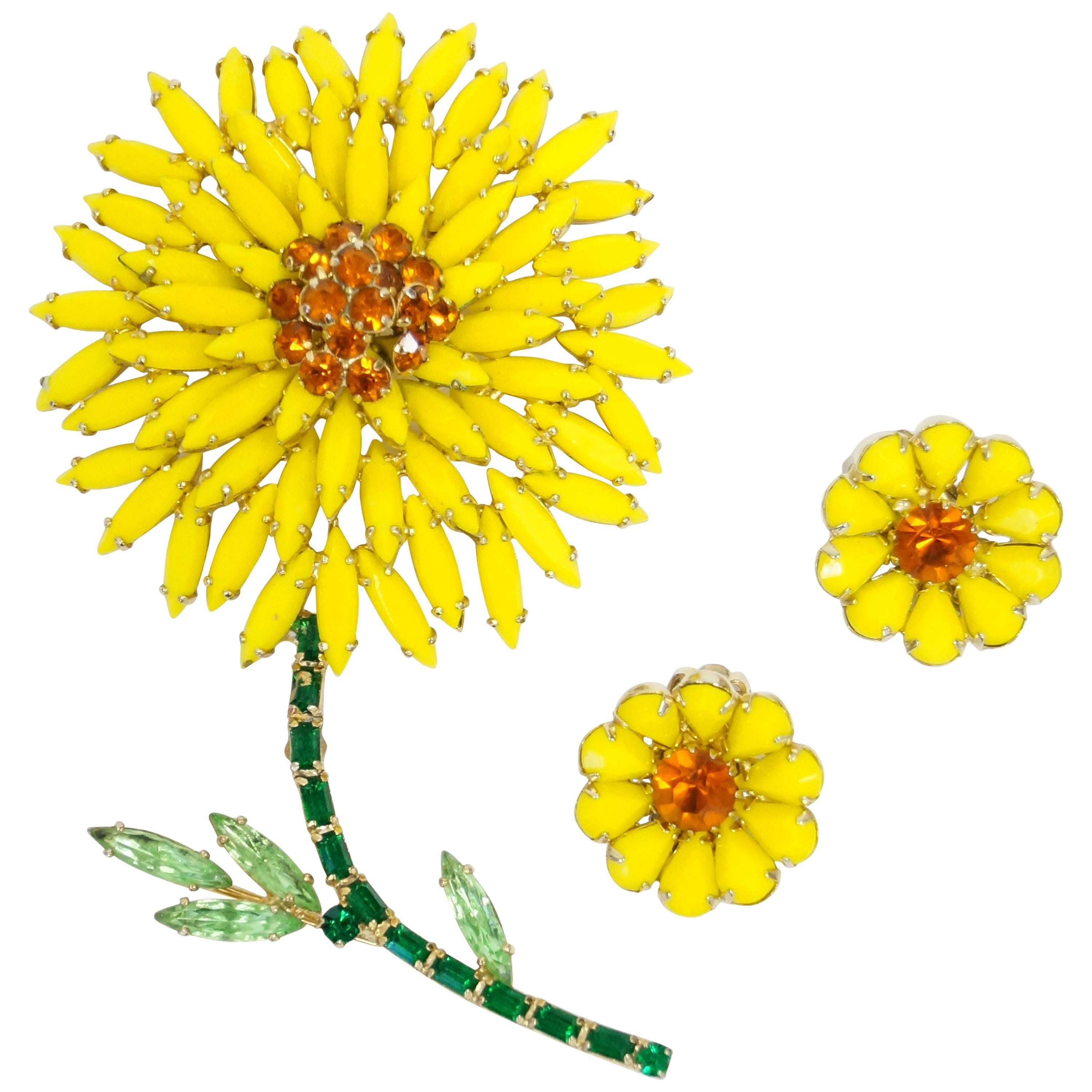 1960s Albert Weiss Yellow Rhinestone Daisy Brooch and Earrings at ...