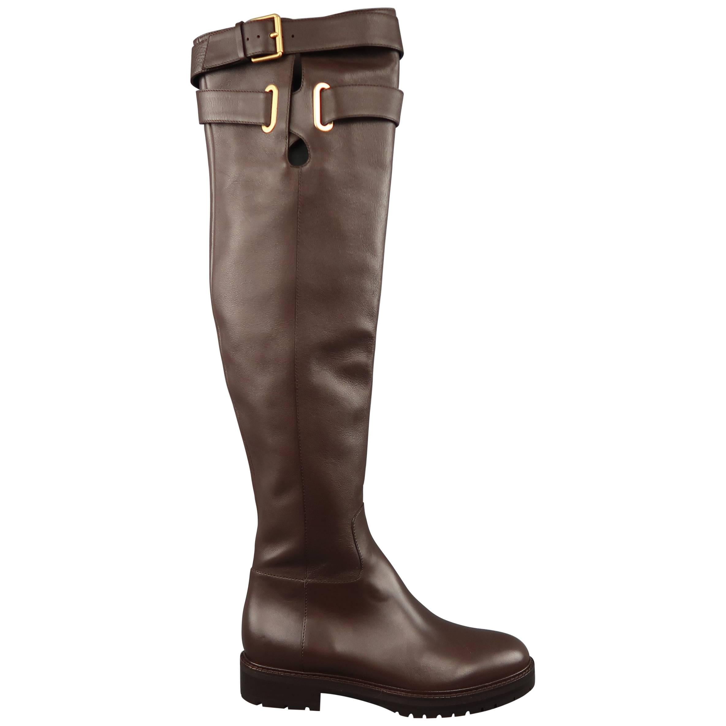 VALENTINO Leather Boots - Size 8.5 Brown Over the Knee BOWRAP Riding ...