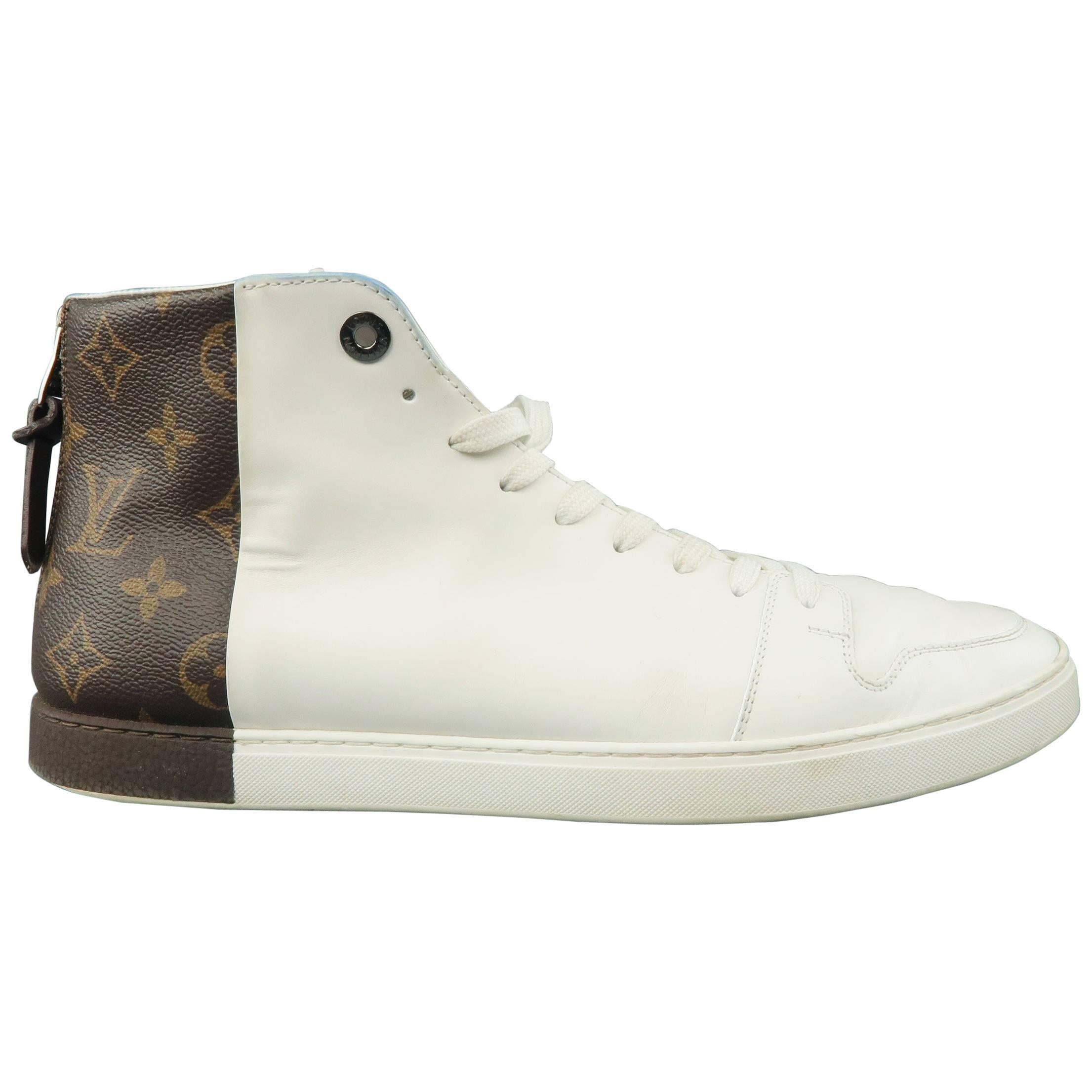 Louis Vuitton Men's White Leather Brown Monogram Canvas Heel High Tops ...