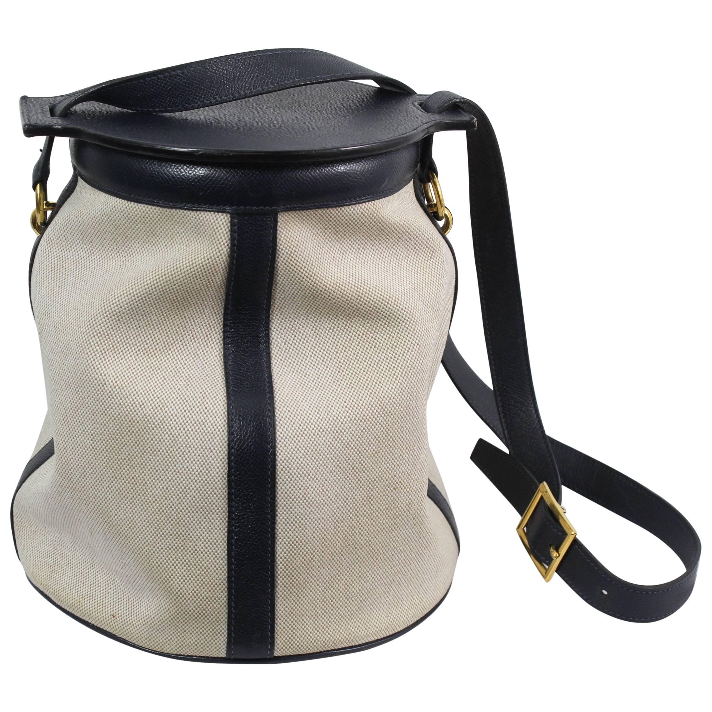 Rare 1989 Vintage Hermes Canvas and Navy leather Farmer bag at 1stDibs