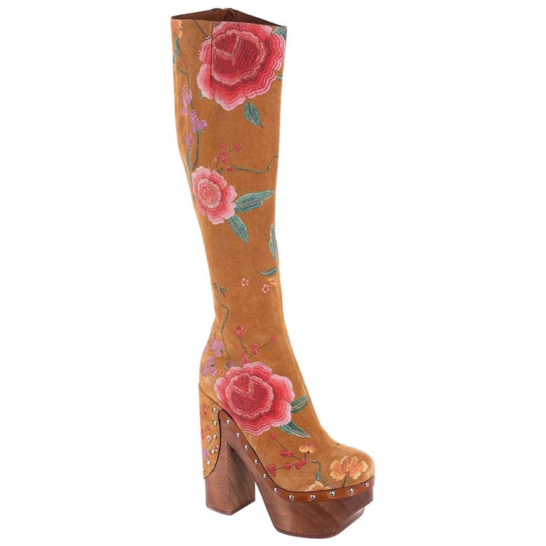 Roberto Cavalli Women's Studded Suede Floral Platform Clog Boots at 1stDibs