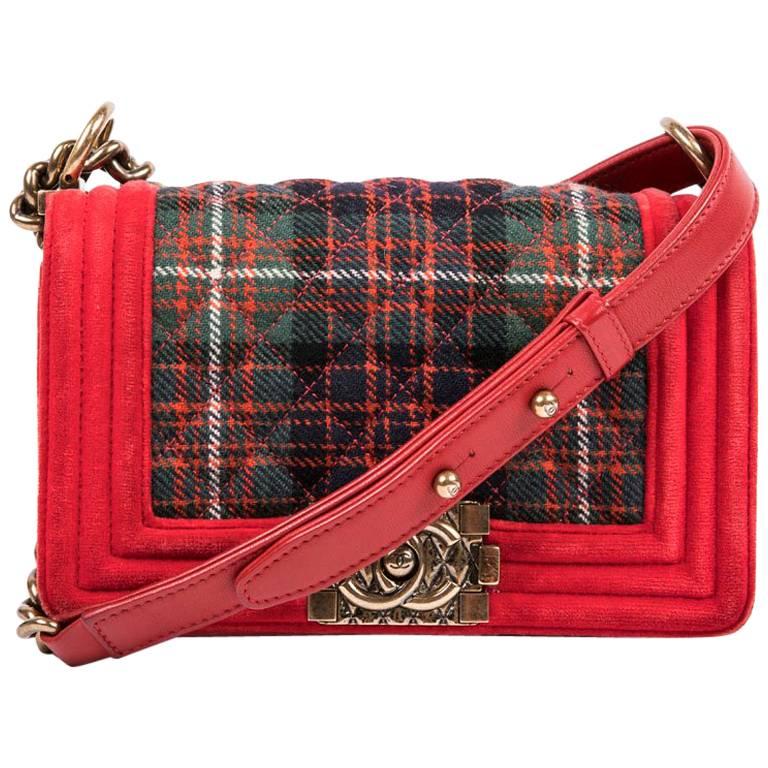 Chanel "Paris Edimbourg" Red Velvet and Plaid Fabric Boy Flap Bag at ...