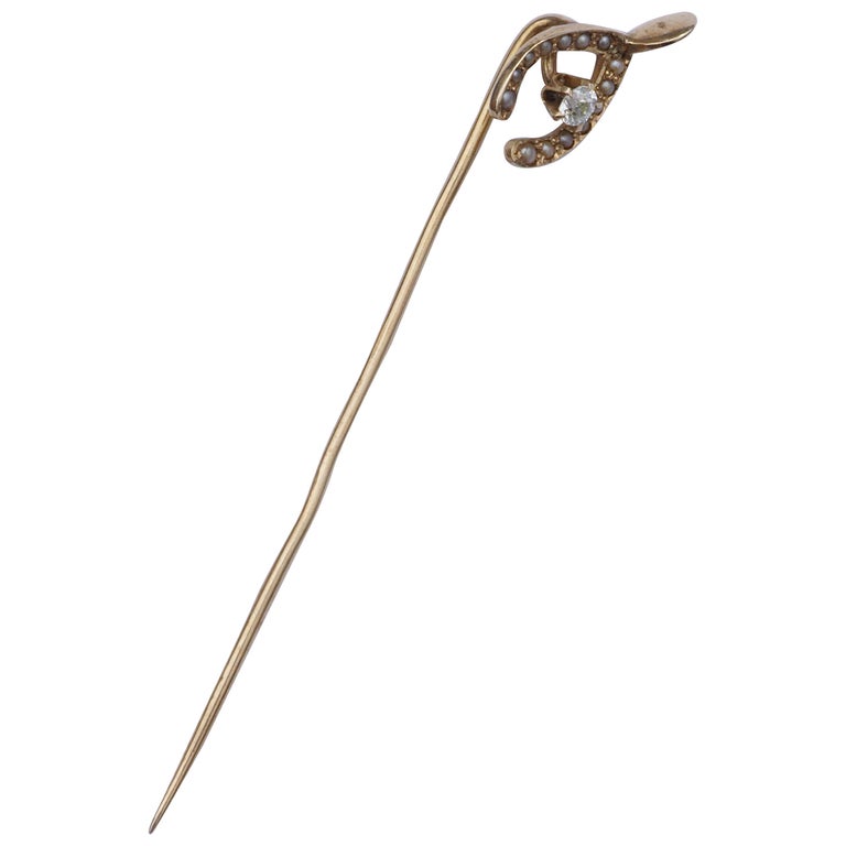 Antique Victorian 14K Gold Diamond and Seed Pearl Wishbone Stick Pin at ...